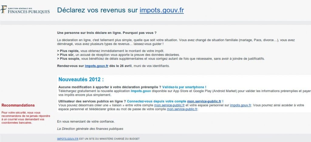 E-mail des impots en France pour 2012 avec ">" comme expéditeur